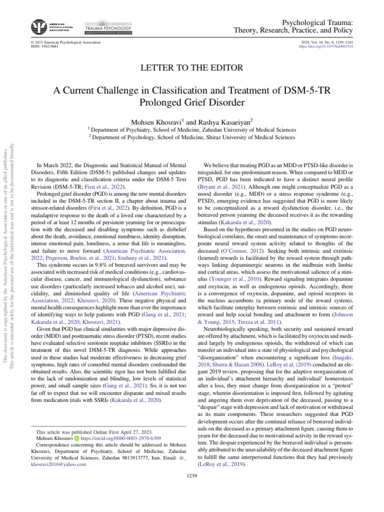 Current Challenge in Classification and Treatment of DSM 5 TR Prolonged ...