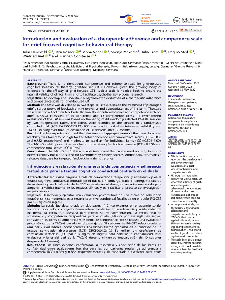 Introduction and Evaluation of A Therapeutic Adherence and Competence Scale For Grief-Focused ...