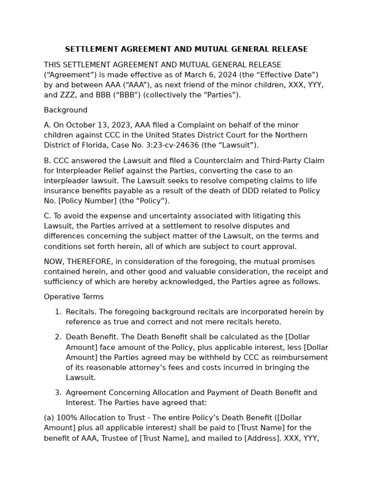 Settlement - Insurance Template | PDF | Lawsuit | Trustee