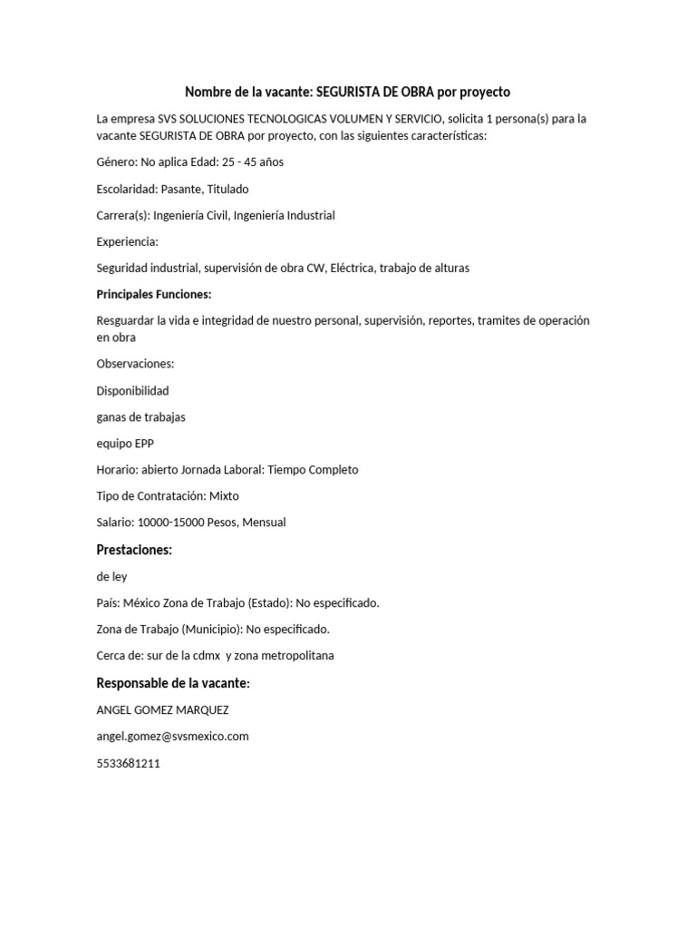 Svs Soluciones Tecnologicas Volumen y Servicio Segurista de Obra | PDF