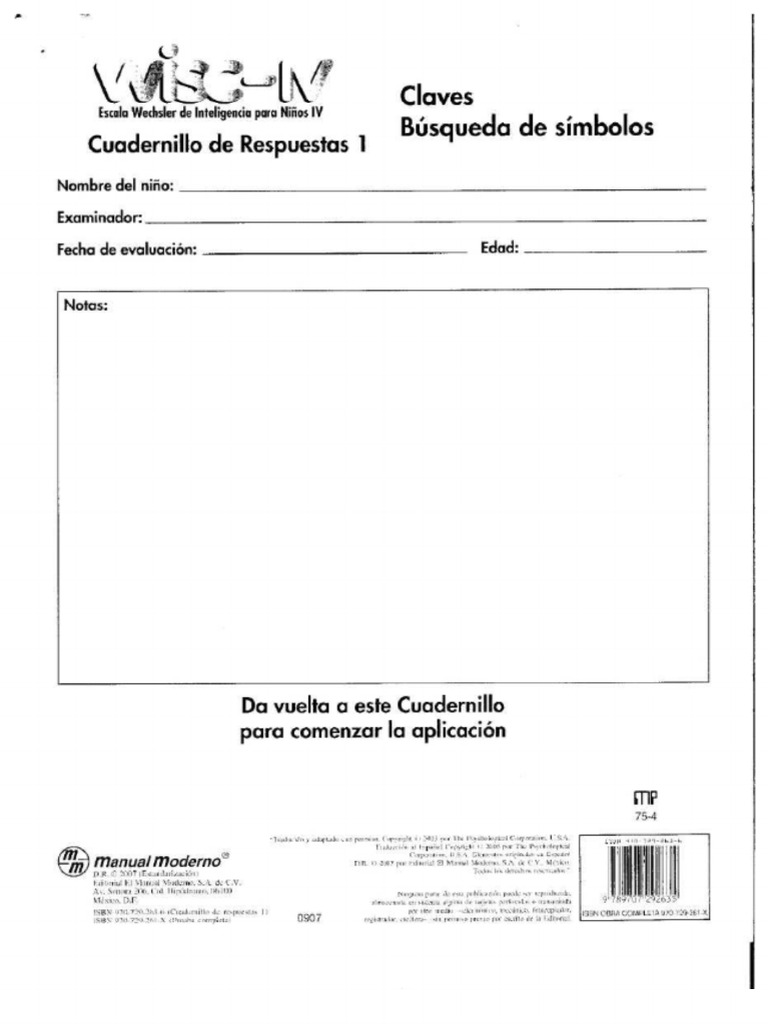 WISC IV - Cuadernillo de respuestas 1 - Claves y busqueda de símbolos - PDF Free Download | PDF