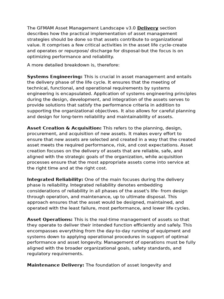 GFMAM Asset Management Delivery Overview | PDF | Reliability Engineering | Asset Management