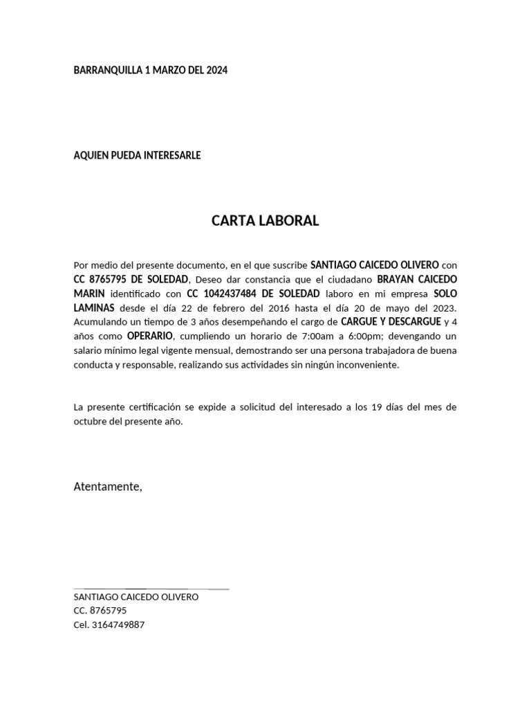 Carta Laboral Brayan Caicedo Marin | PDF