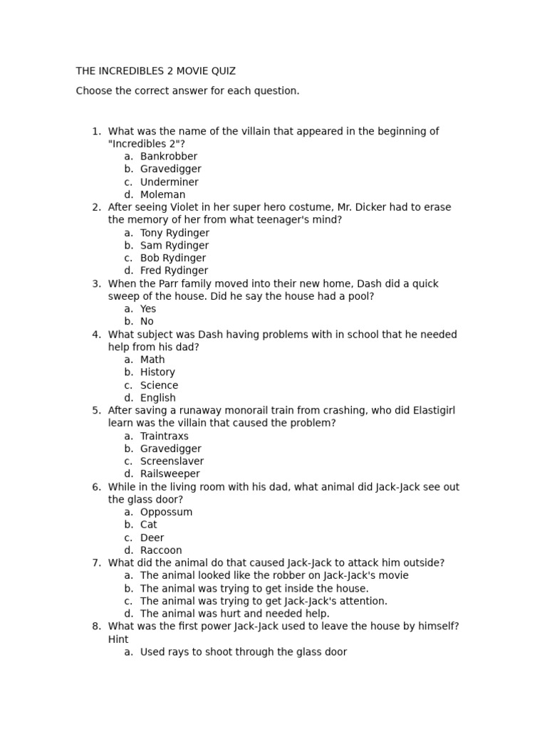 The Incredibles 2 Movie Quiz | PDF