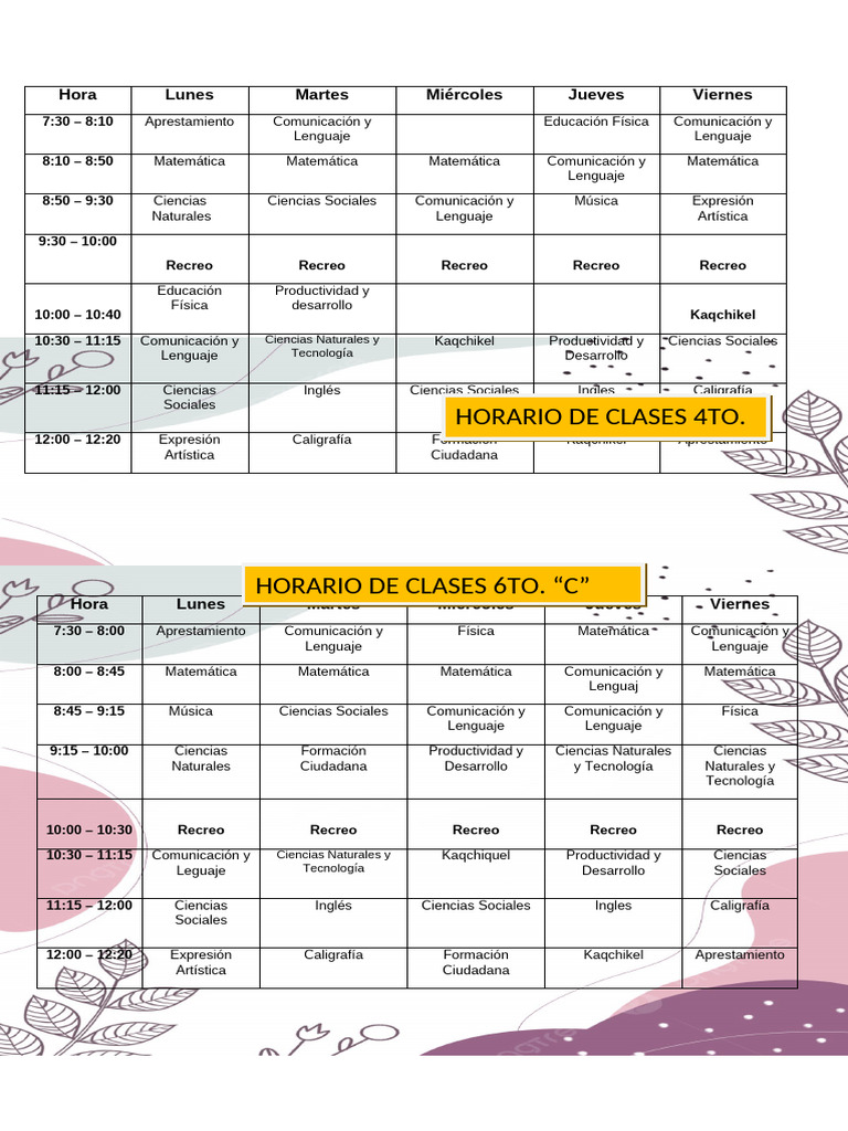 Horario de Clases 4to y 6to "C" | PDF | Science