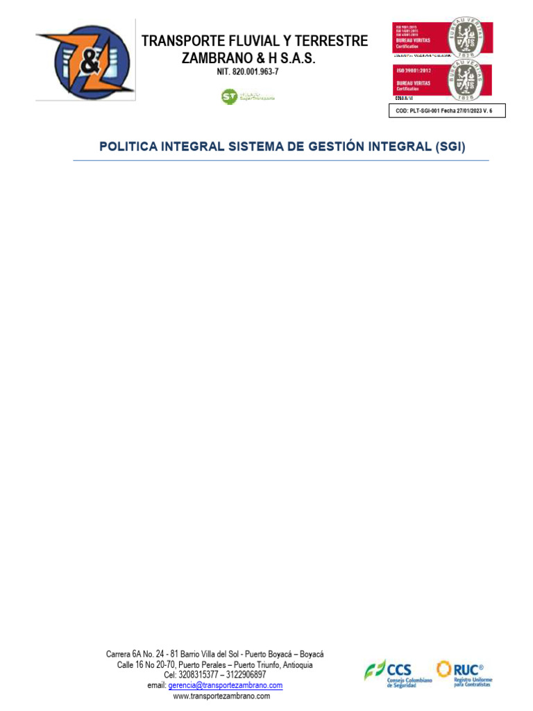 Plt-sgi-001 Politica Integral - Sgi | PDF | Calidad (comercial ...