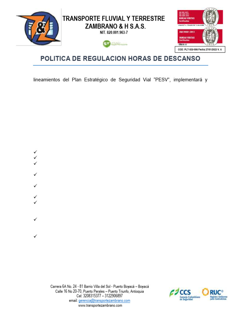 Plt-Sgi-006 Politica Regulacion Horas de Descanso | PDF