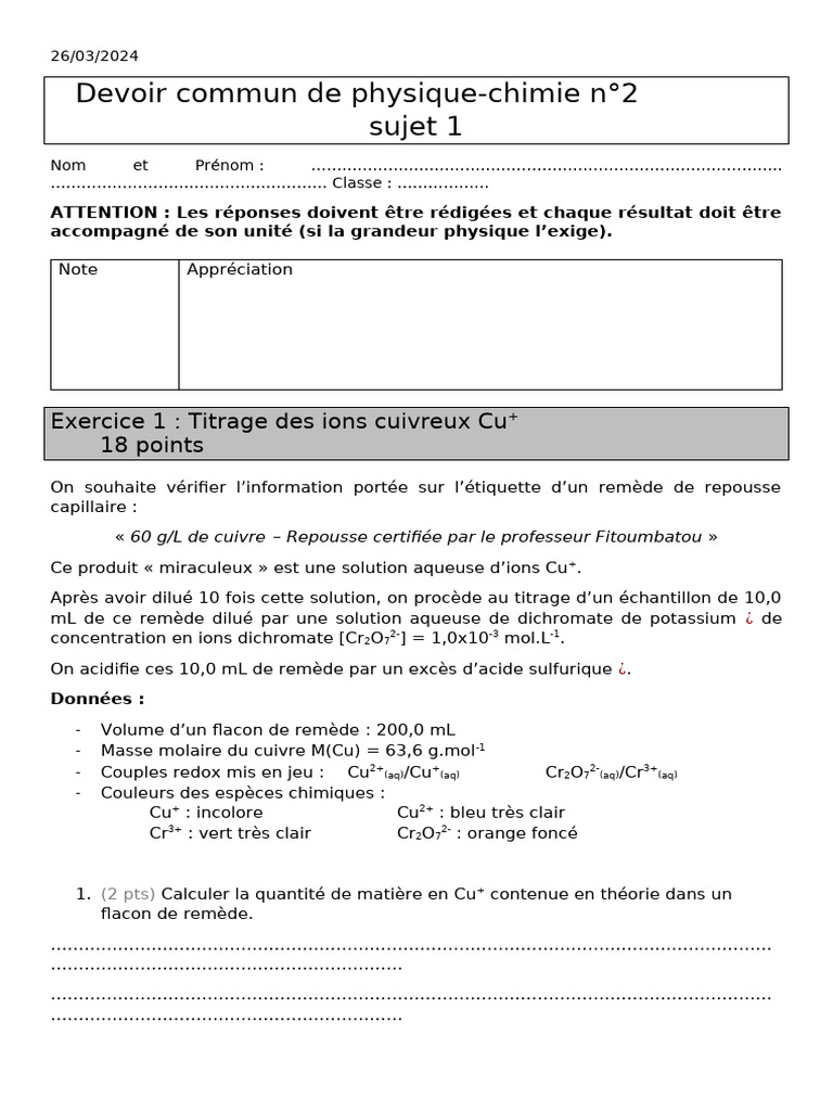 Devoir Commun de Physique-Chimie N°2 Sujet 1: Exercice 1: Titrage Des Ions Cuivreux Cu 18 Points ...