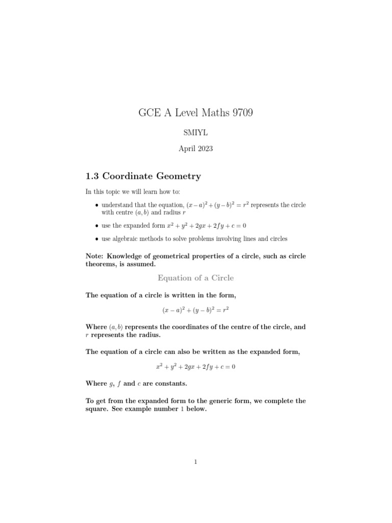 GCE As Level Coordinate Geometry Equation of A Circle | PDF | Circle ...