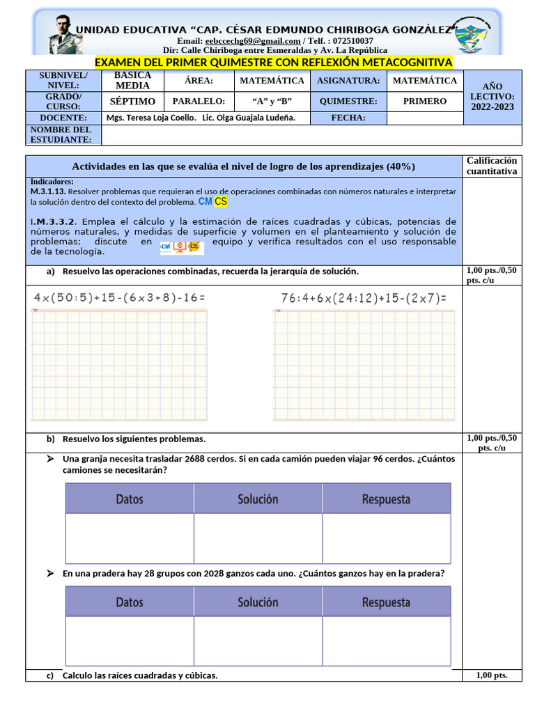 EVALUACION MATEM PRIMER QUIM. 2022(2) | PDF | Matemáticas