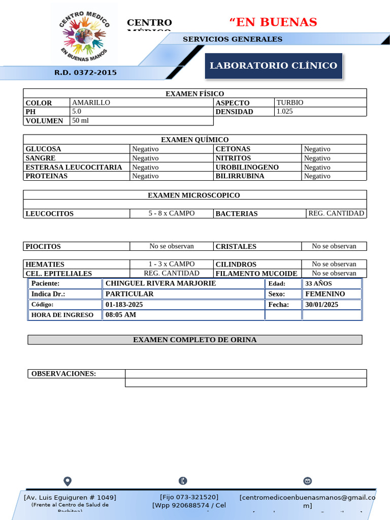 Chinguel Rivera Marjorie - Orina Completa | PDF