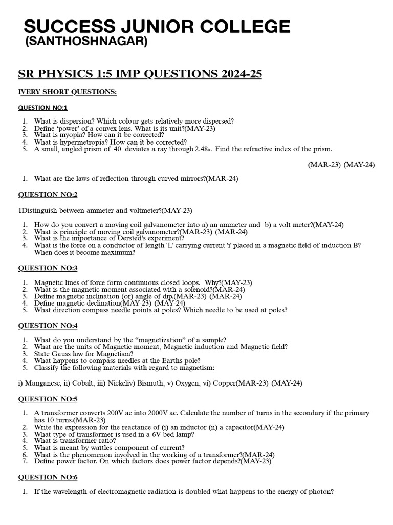 TS - SR - Physics - Imp - Questions 2024-25 | PDF | Electric Field | Waves