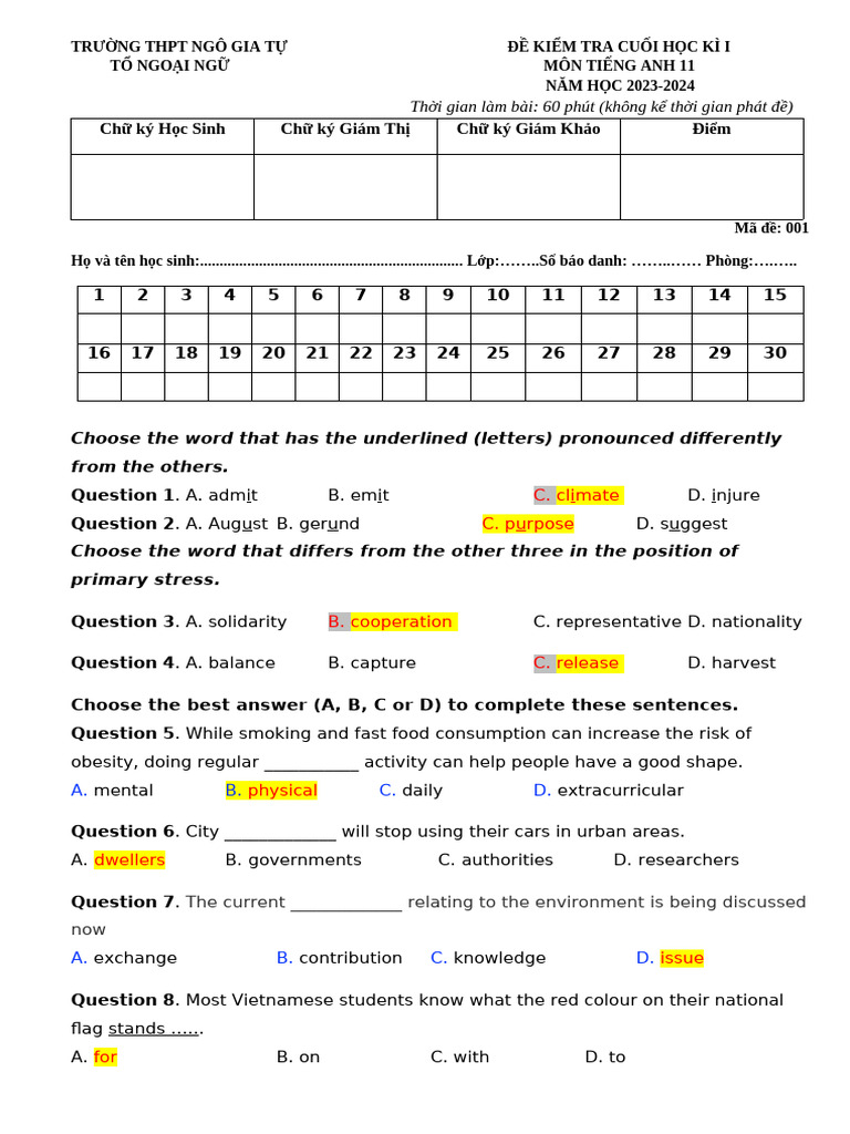 Dap An Anh 11 Ktra Cuoi HK1 2324 | PDF | Singapore | World Politics