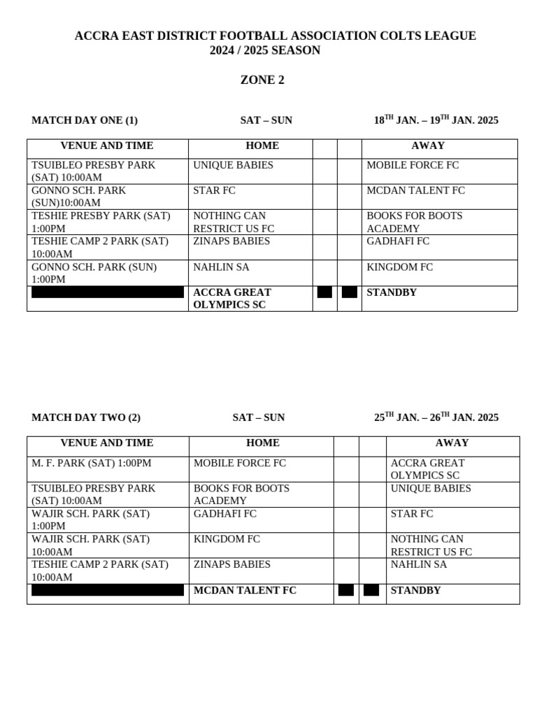 Accra East Dfa 2024-25 Colts League Fixtures Zone 2 | PDF