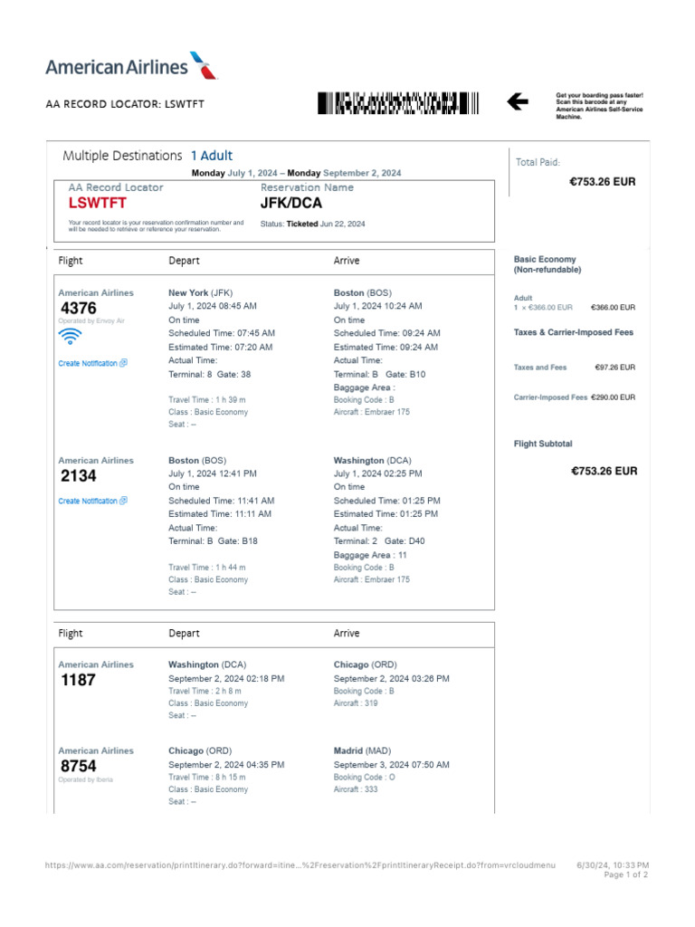 Print Trip and Receipt - Your Trip Details - American Airlines 2 | PDF ...