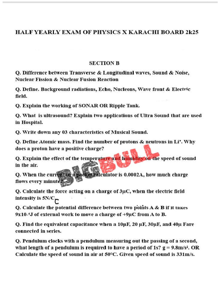 Half Yearly Guess paper of Physics X Karachi board. | PDF