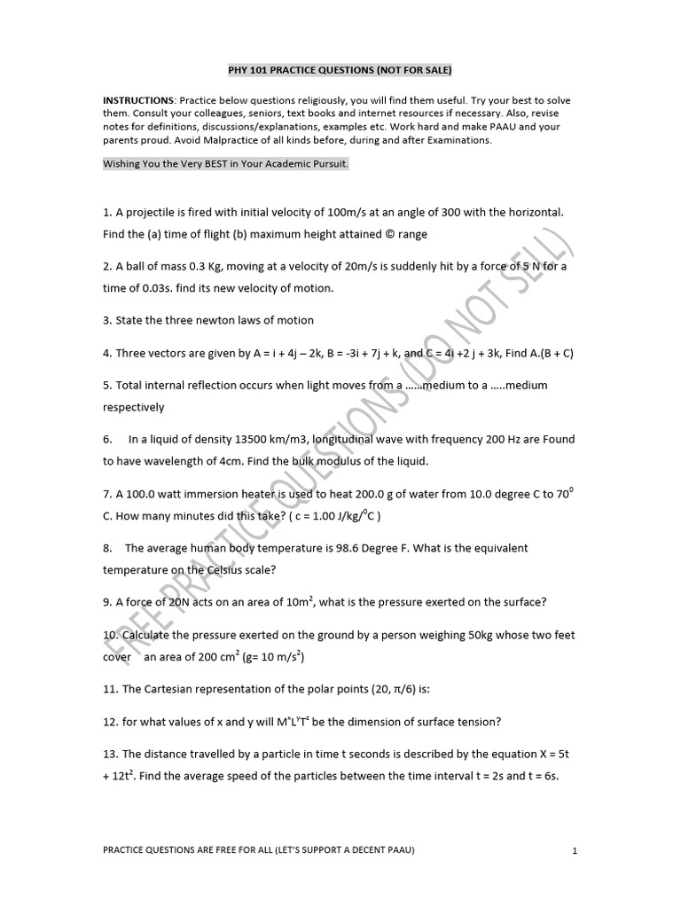 Free PHY 101 Practice Questions | PDF | Waves | Force