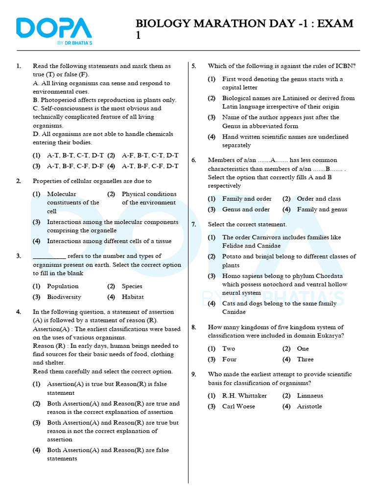 Biology Marathon Day - 1 Exam 1 Q | PDF | Flowers | Branches Of Botany