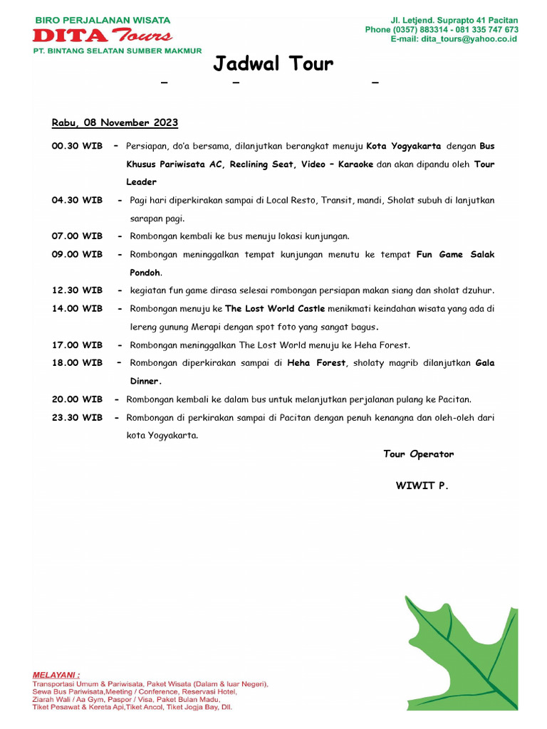 Jadwal Tour Yogyakarta 8 November 2023 | PDF