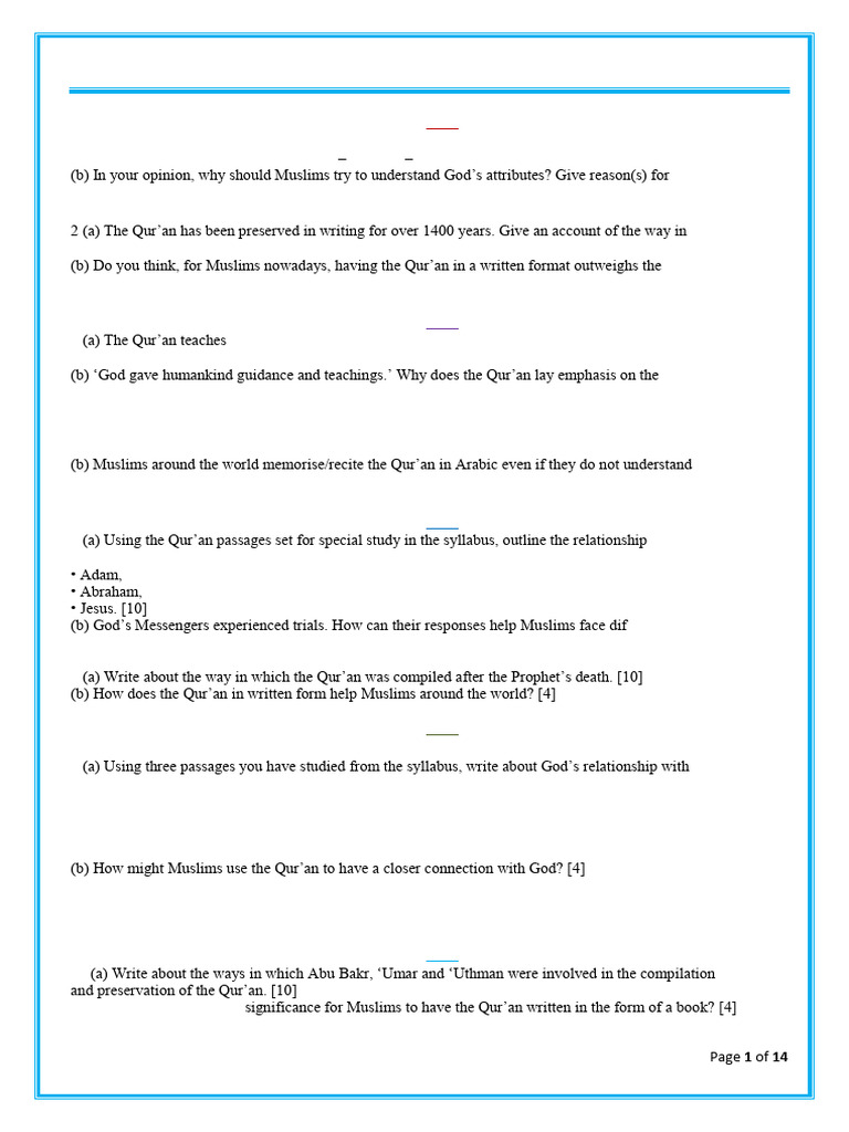 Islamic Topical Past Paper Questions | PDF | Hadith | Muhammad