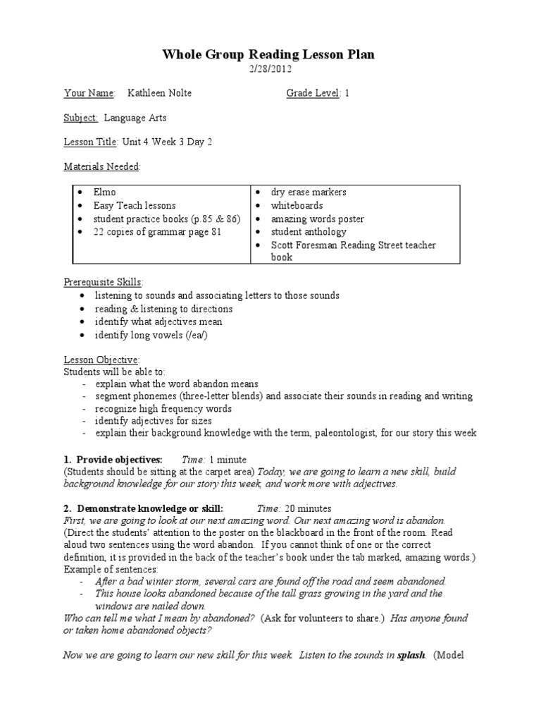 Whole Group Reading Lesson Plan | PDF | Lesson Plan | Reading (Process)