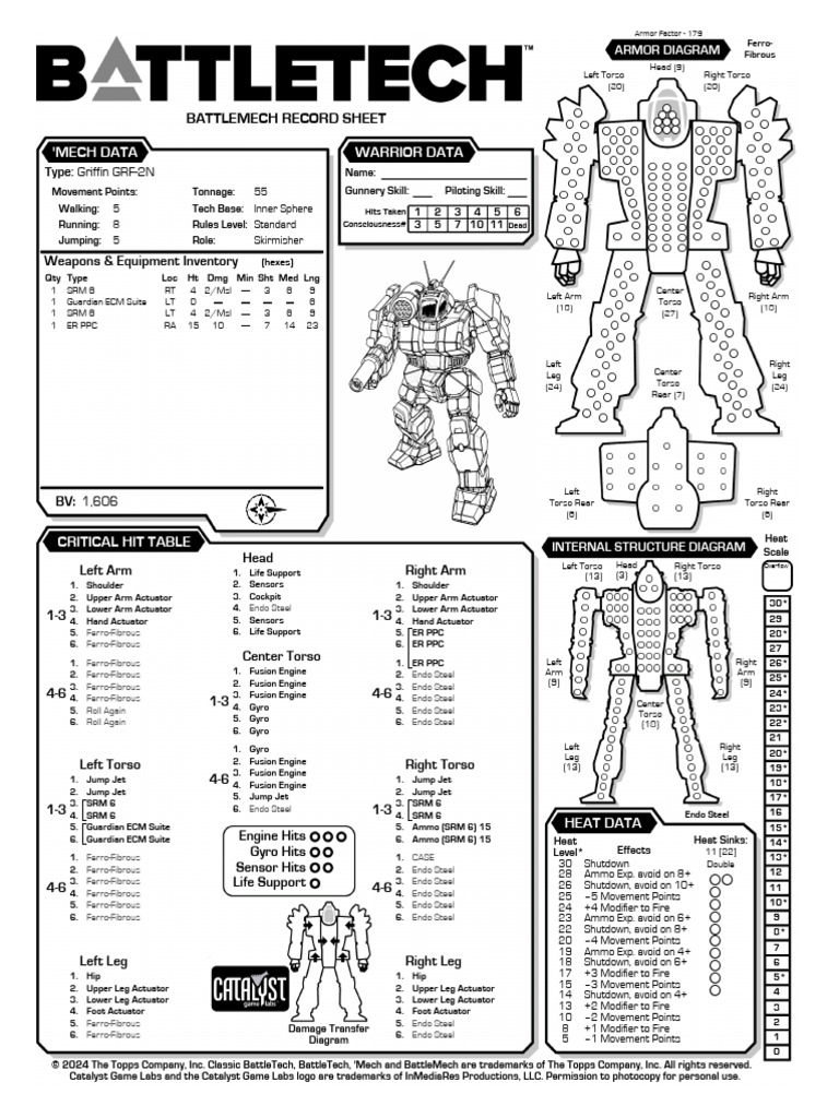Griffin GRF-2N BattleMech Record Sheet | PDF | Battle Tech