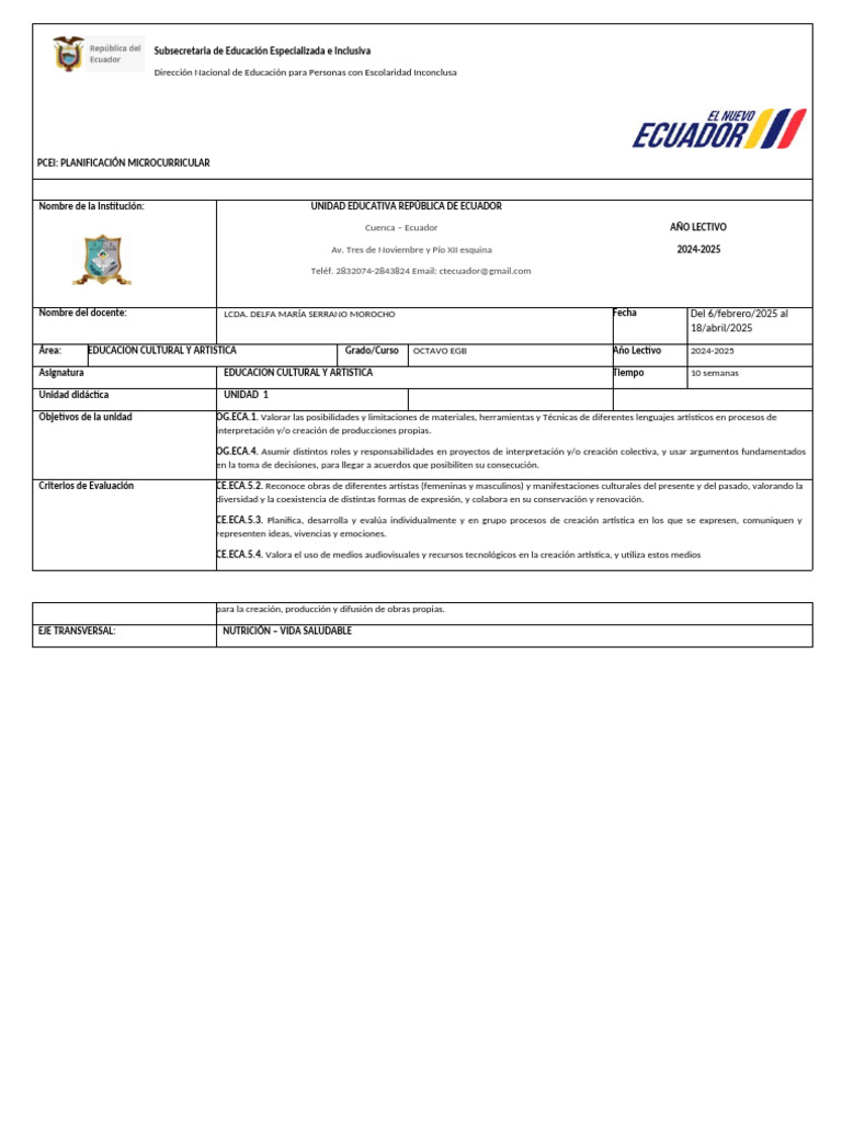 Planificaciones Eca 8vo Egb Feb-Abril 2025 Dserrano | PDF | Pinturas