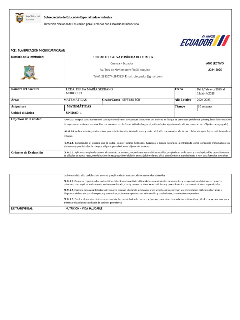 Planificaciones Matematicas 7mo Egb Feb-Abril 2025 Dserrano | PDF | Sustracción | Matemáticas