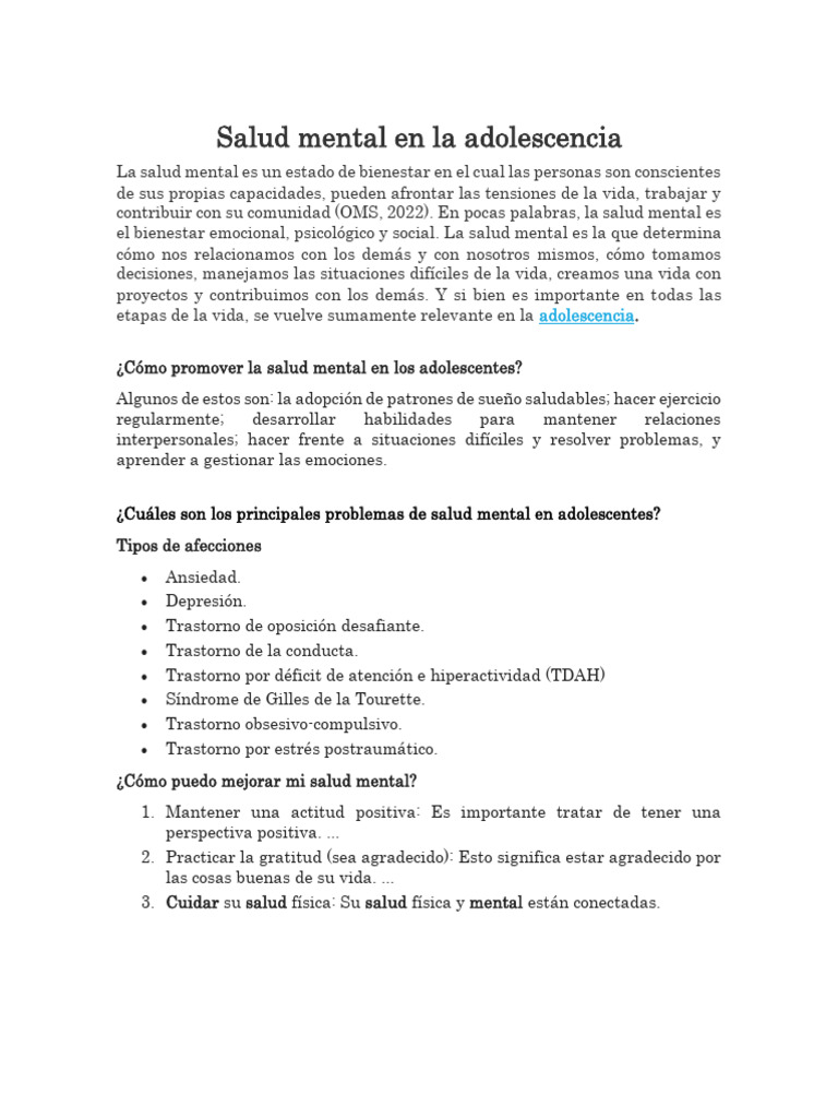 Salud mental en la adolescencia | PDF