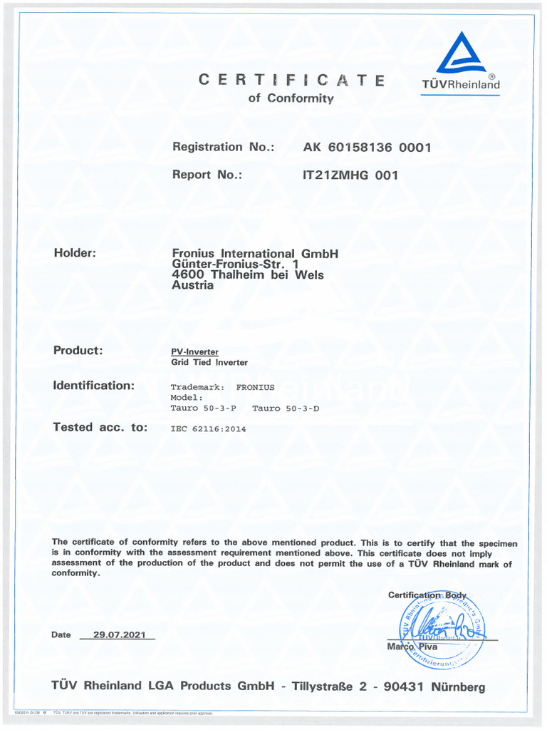 SE CER Conformity IEC 62116 Fronius Tauro en | PDF