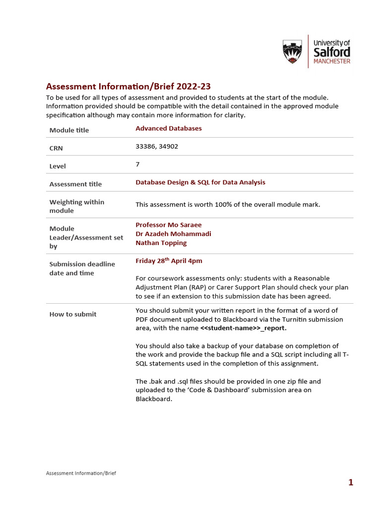 Advanced Databases Assignment Brief | PDF | Databases | Database Design