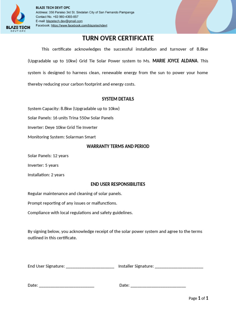 Certificate of Turn Over | PDF