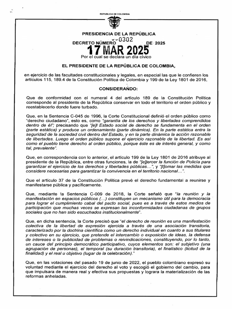 Decreto 0302 Del 17 de Marzo de 2025 | PDF | Democracia | Ideologías políticas