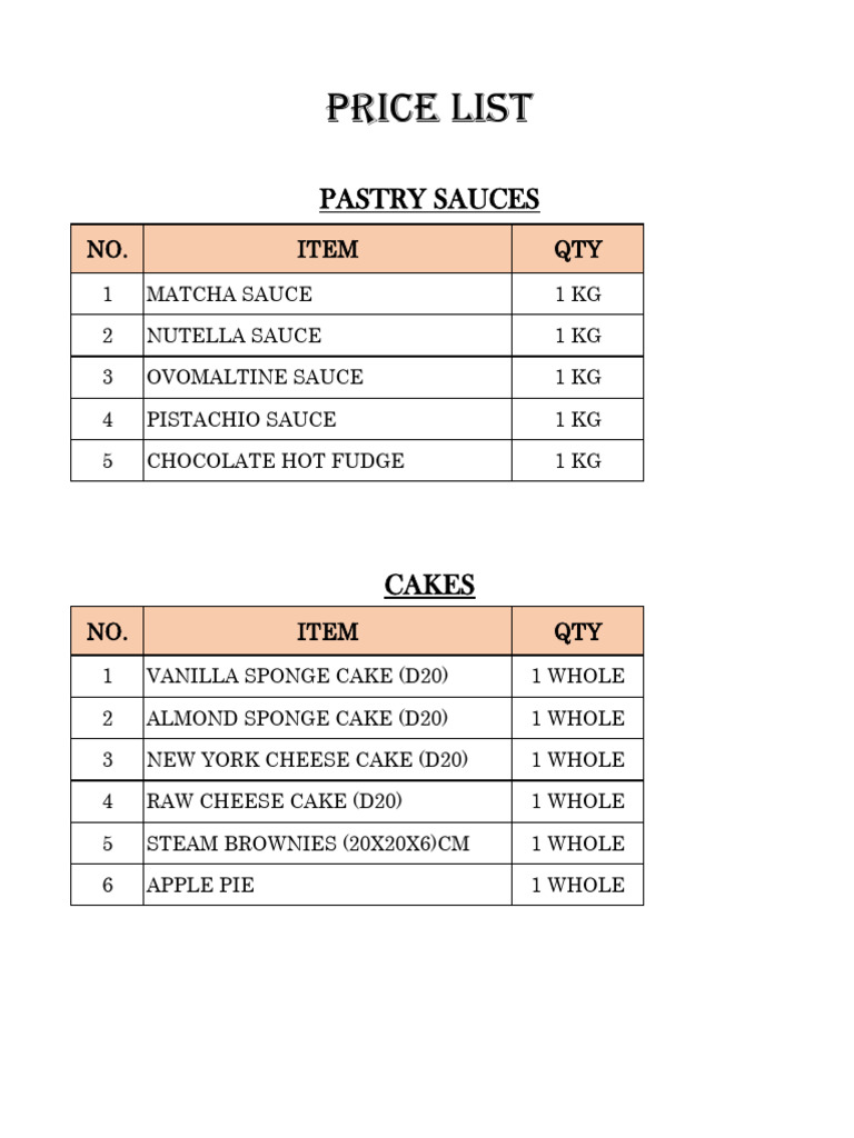 Pastry Sauces and Cakes Price List | PDF