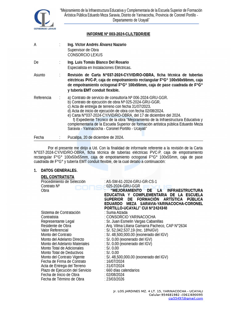 Informe #003 - 2024 - CL-BRG-EIS - Validación de de Fichas Tecnica Técnicas | PDF | Tubería ...