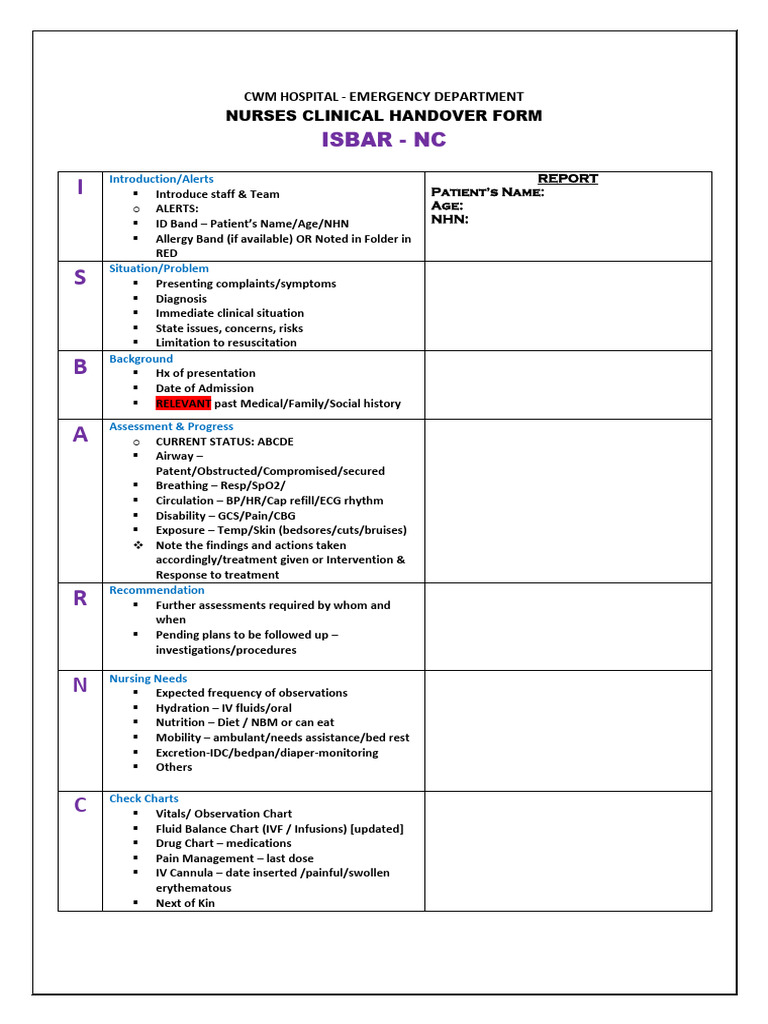 Isbar Clinical Handover Form - Template | PDF