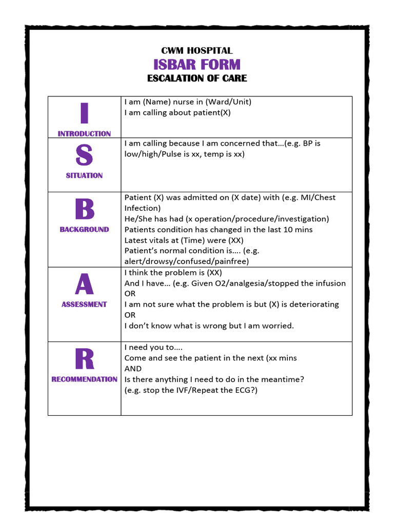 Isbar Escalation of Care Form | PDF