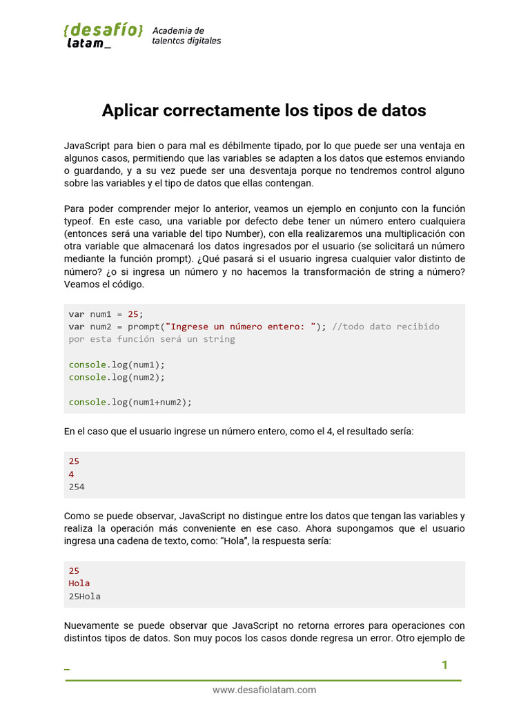 Material Apoyo Lectura - Aplicar correctamente los tipos de datos | PDF | Script Java | Tipo de ...