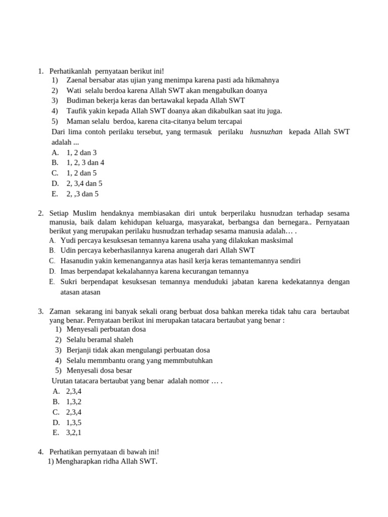 LATIHAN SOAL PAI UAS 2024-2025 SISWA | PDF