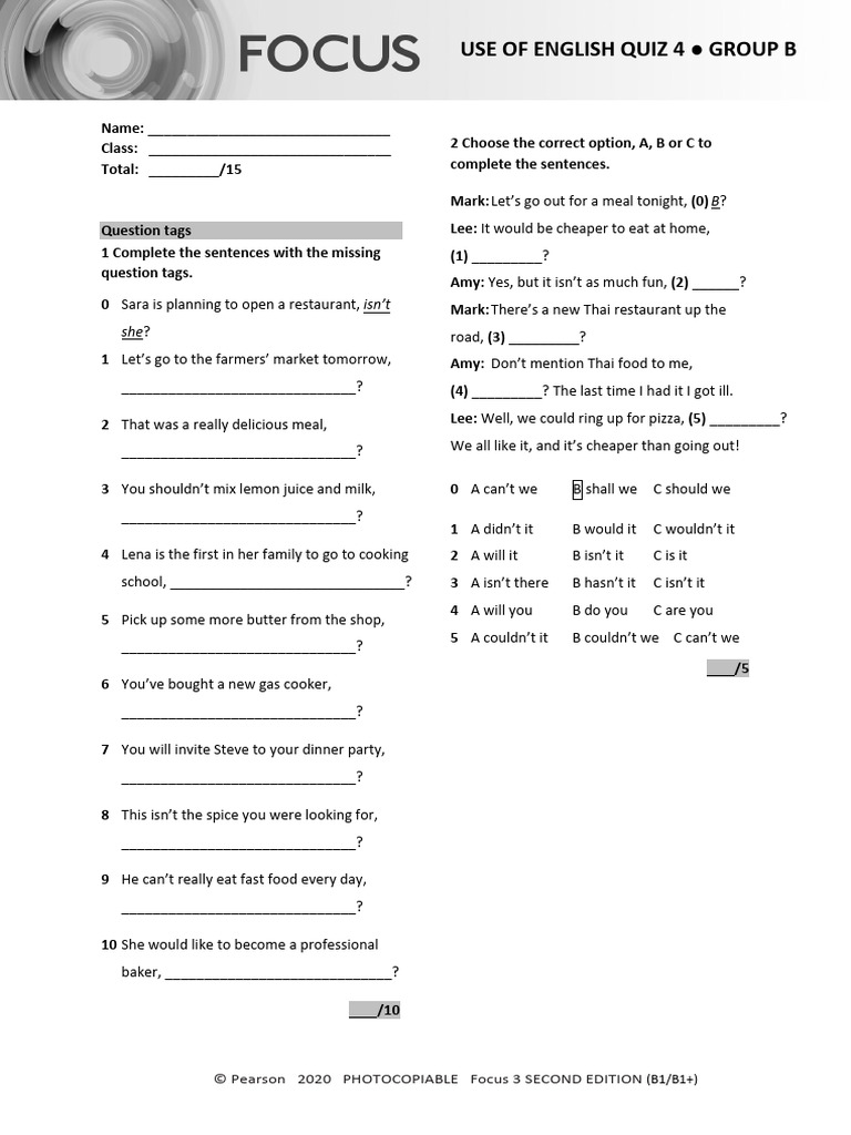 Focus3 2E UoE Quiz Unit4 GroupB | PDF | Food And Drink Preparation ...