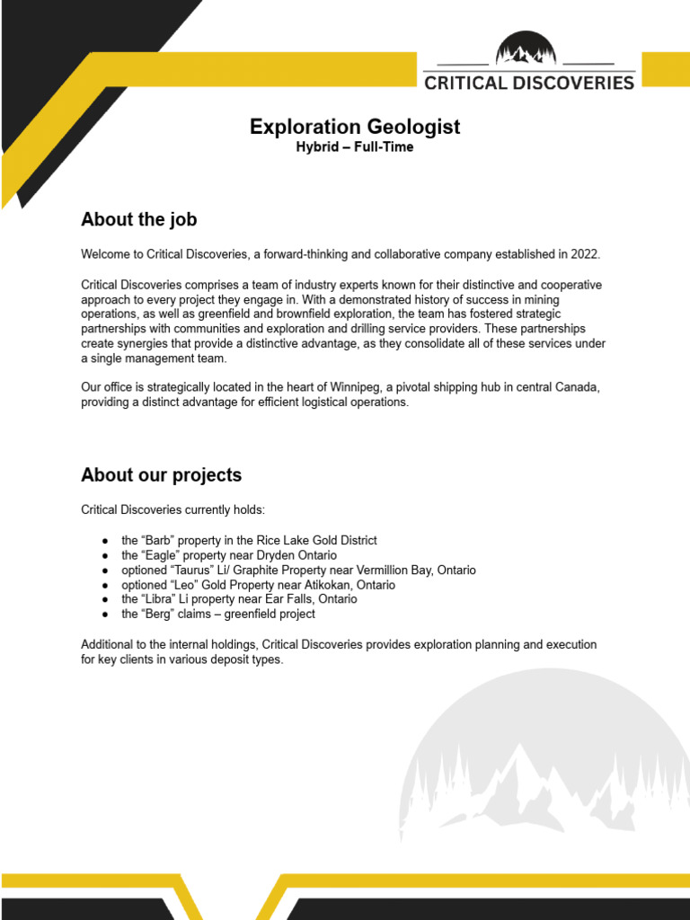 Exploration Geologist Position at Critical Discoveries | PDF | Data