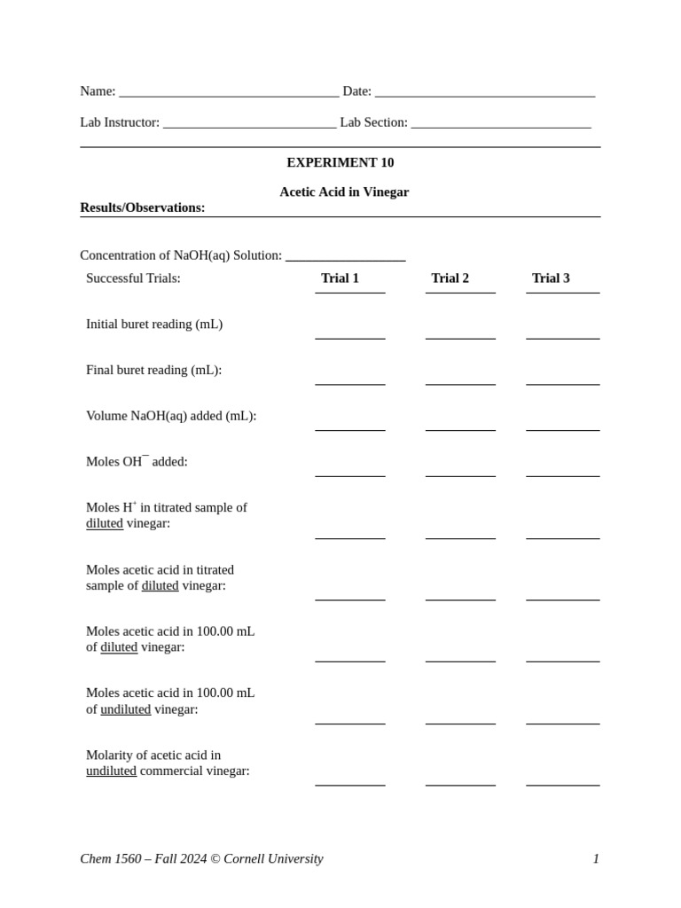 Expt 10 - Acetic Acid in Vinegar Report Sheets - 2024 | PDF