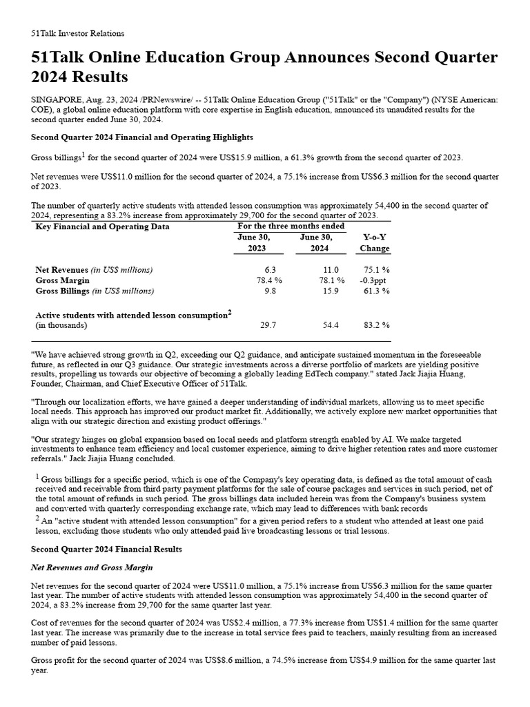 51talk Online Education Group Announces Second Quarter 2024 Results | PDF | Financial Accounting ...