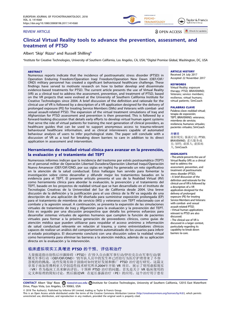 Clinical Virtual Reality Tools To Advance The Prevention, Assessment ...