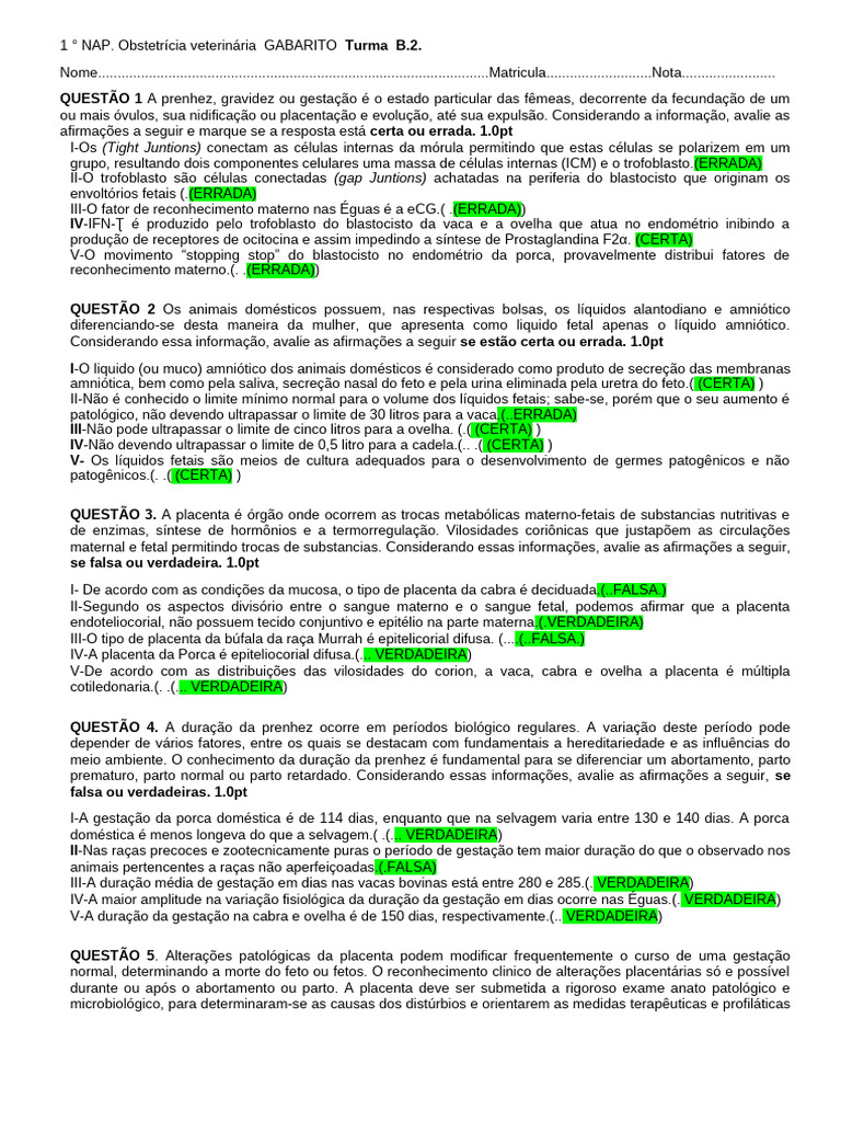 Gabarito.b2. Npa 1 2024 B2. | PDF | Gravidez | Placenta