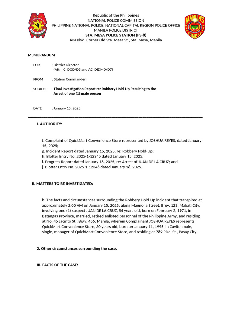 Incident Report Robbery Hold Up (Angelo) Newest 1 | PDF | Metro Manila ...