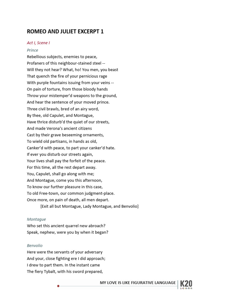 Romeo and Juliet Excerpts-My Love Is Like Figurative Language | PDF ...