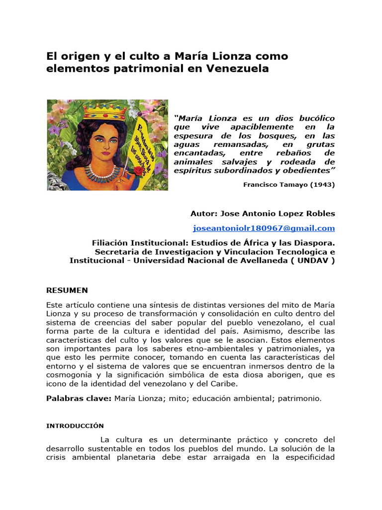 El Origen y El Culto A María Lionza Como Elementos Patrimonial en ...