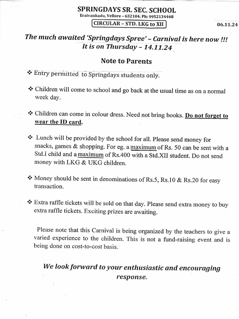 Childrens day Circular - LKG to Std. XII | PDF
