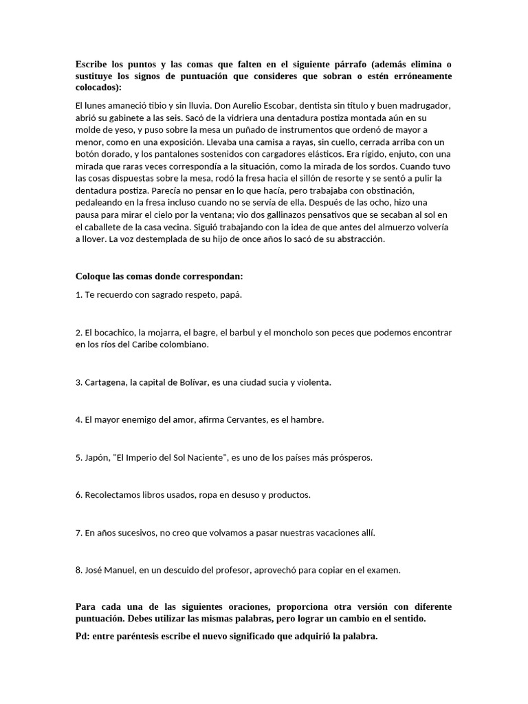 Taller Sobre El Uso de Las Comas. | PDF | Coma | Oración (Lingüística)